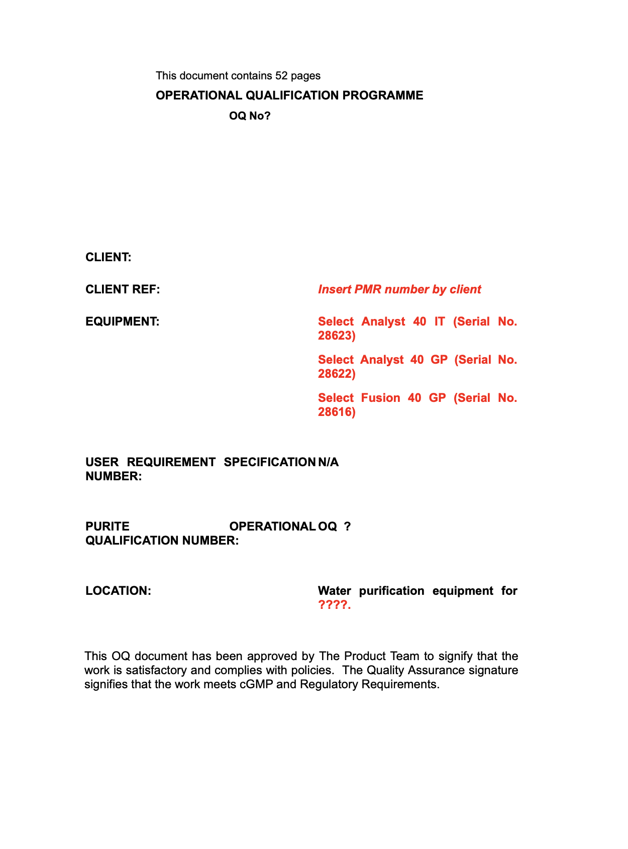 Validation Document Templates – Purite Distributor Portal